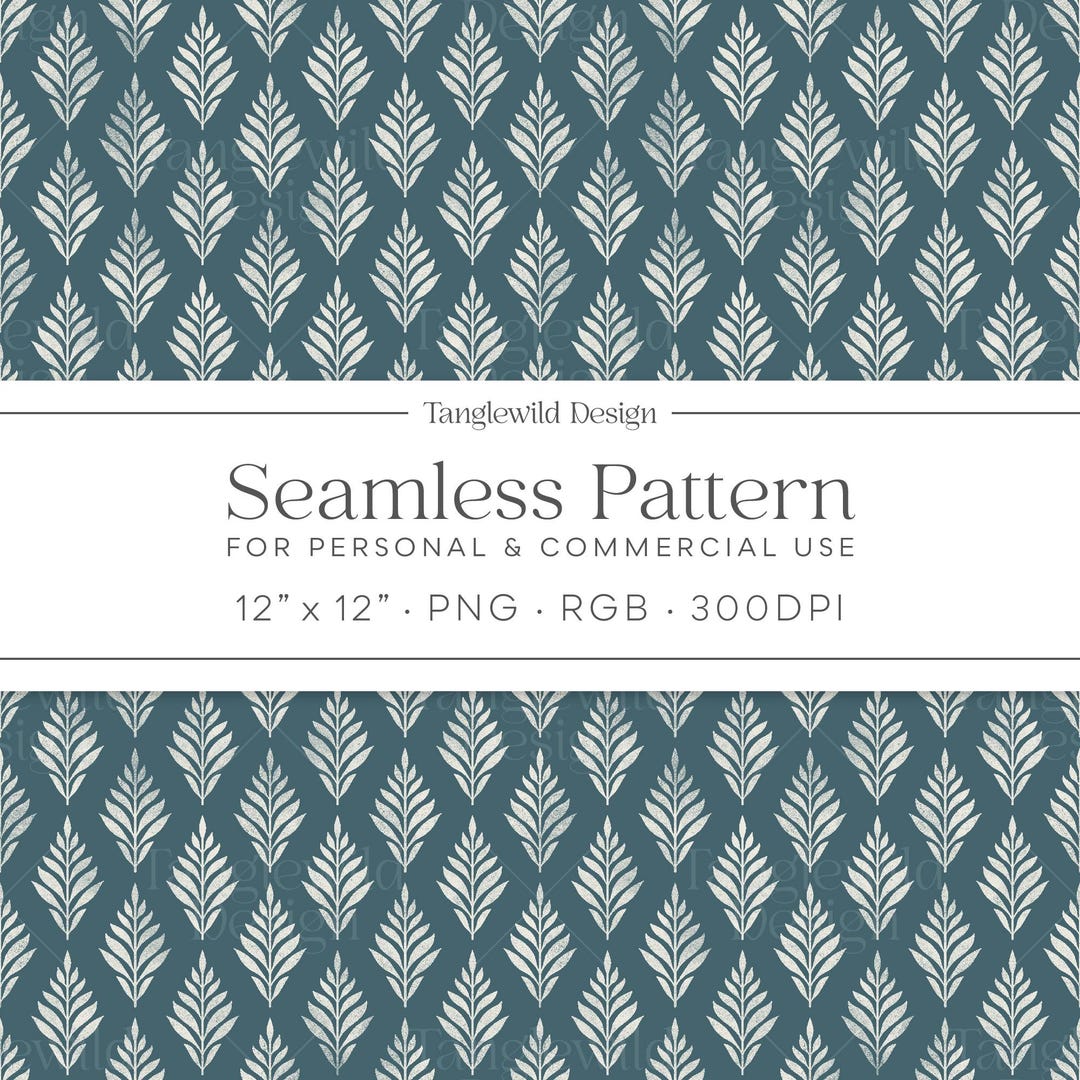 Minimalist Block Print Fern Seamless Repeat Pattern, Peacock Blue ...