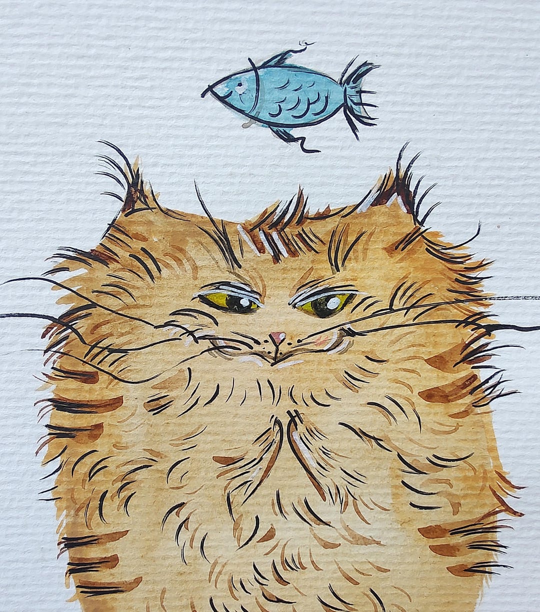 Fuzzy Cat and Fish Daydream - Original Watercolor and Ink Liner - Etsy