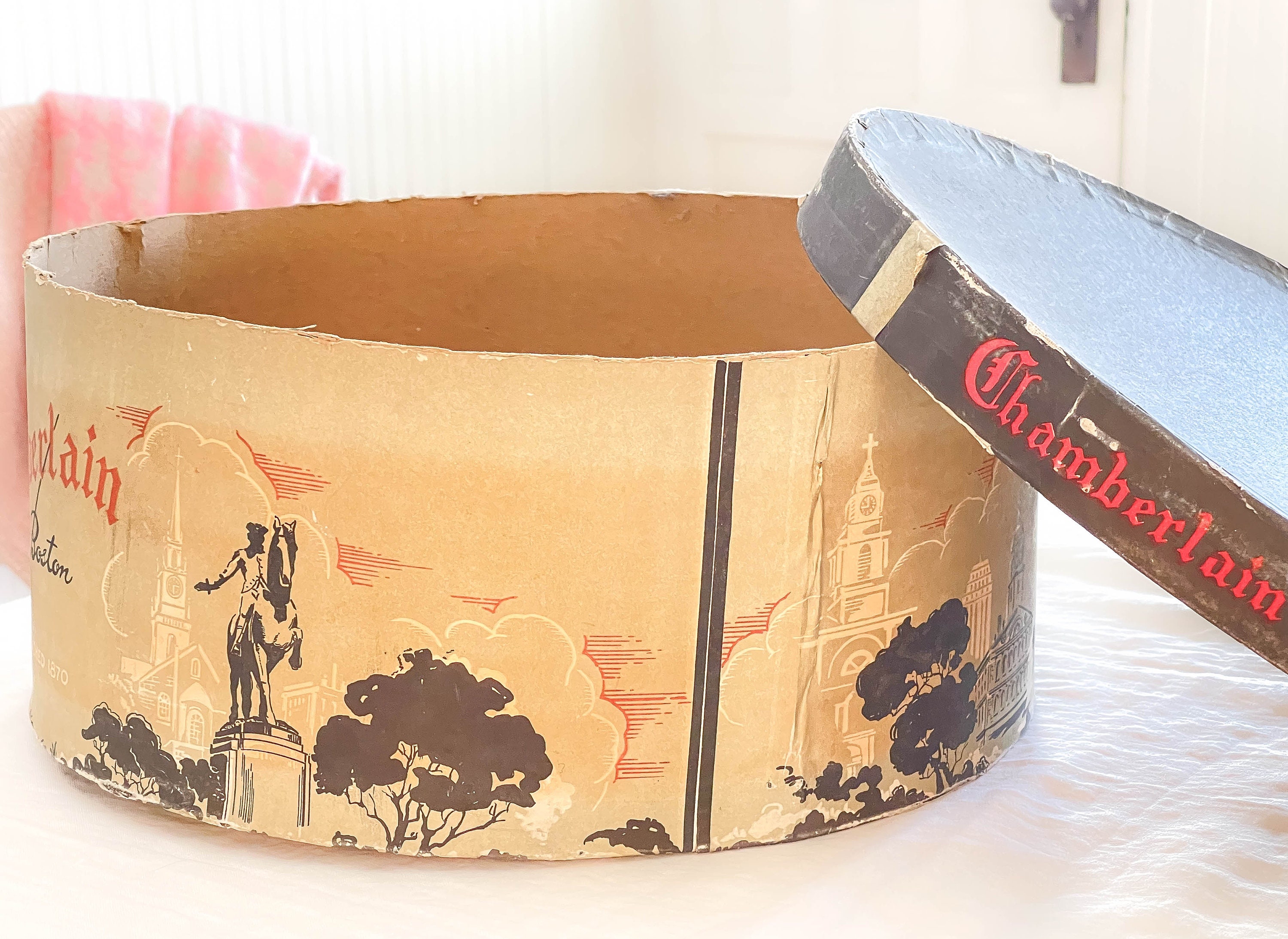 Vintage Hat Box by Chamberlain Co. of Boston Antique Hat Box Round Hat Box Hat Box Art Antique ...