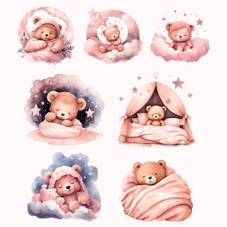 Watercolor Teddy Bear Bundle, Pink Teddy Bear Clipart, Sleepy Teddy ...