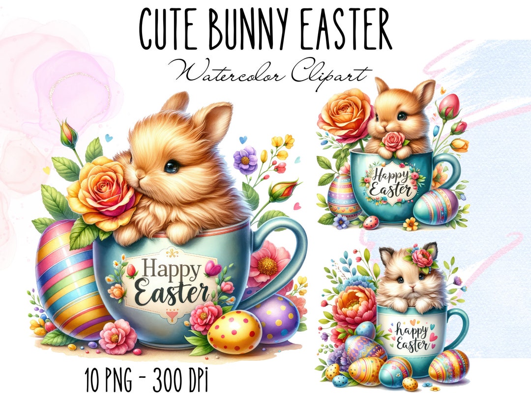 Cute Easter Bunny Clipart, Easter Digital Postcard PNG, Easter Png ...
