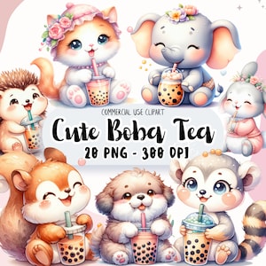 Watercolor Bubble Tea Clipart, Baby Animals Boba Tea Clipart, Bubble ...