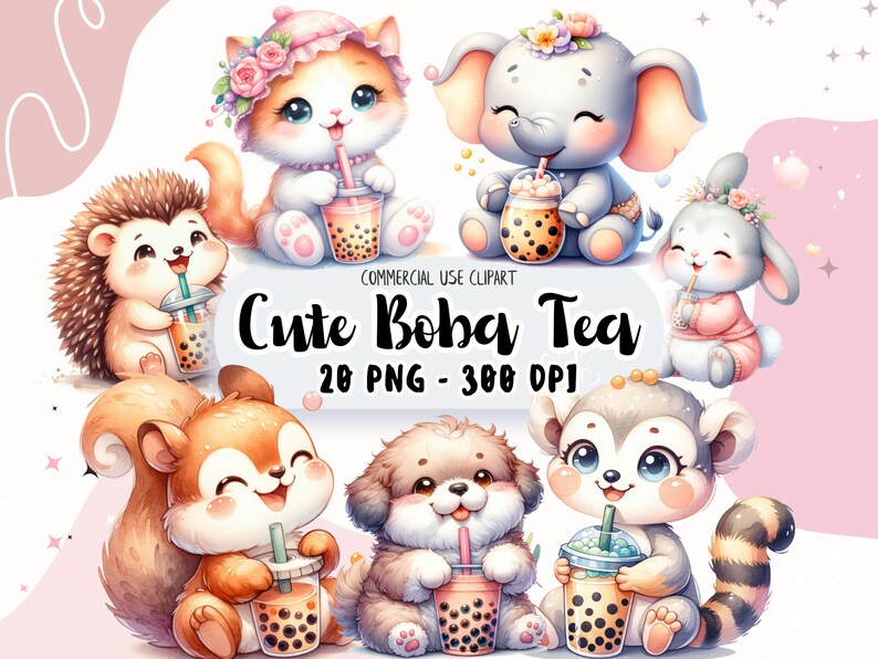 Watercolor Bubble Tea Clipart, Baby Animals Boba Tea Clipart, Bubble ...