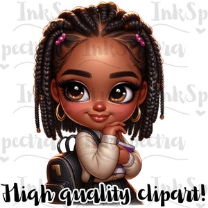 Black Chibi Schoolgirl Clipart Set, Back to School Watercolor PNG ...