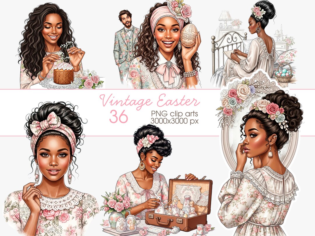 Vintage Grandmillennial Easter Clipart, Black Women, Easter Bunny PNG ...