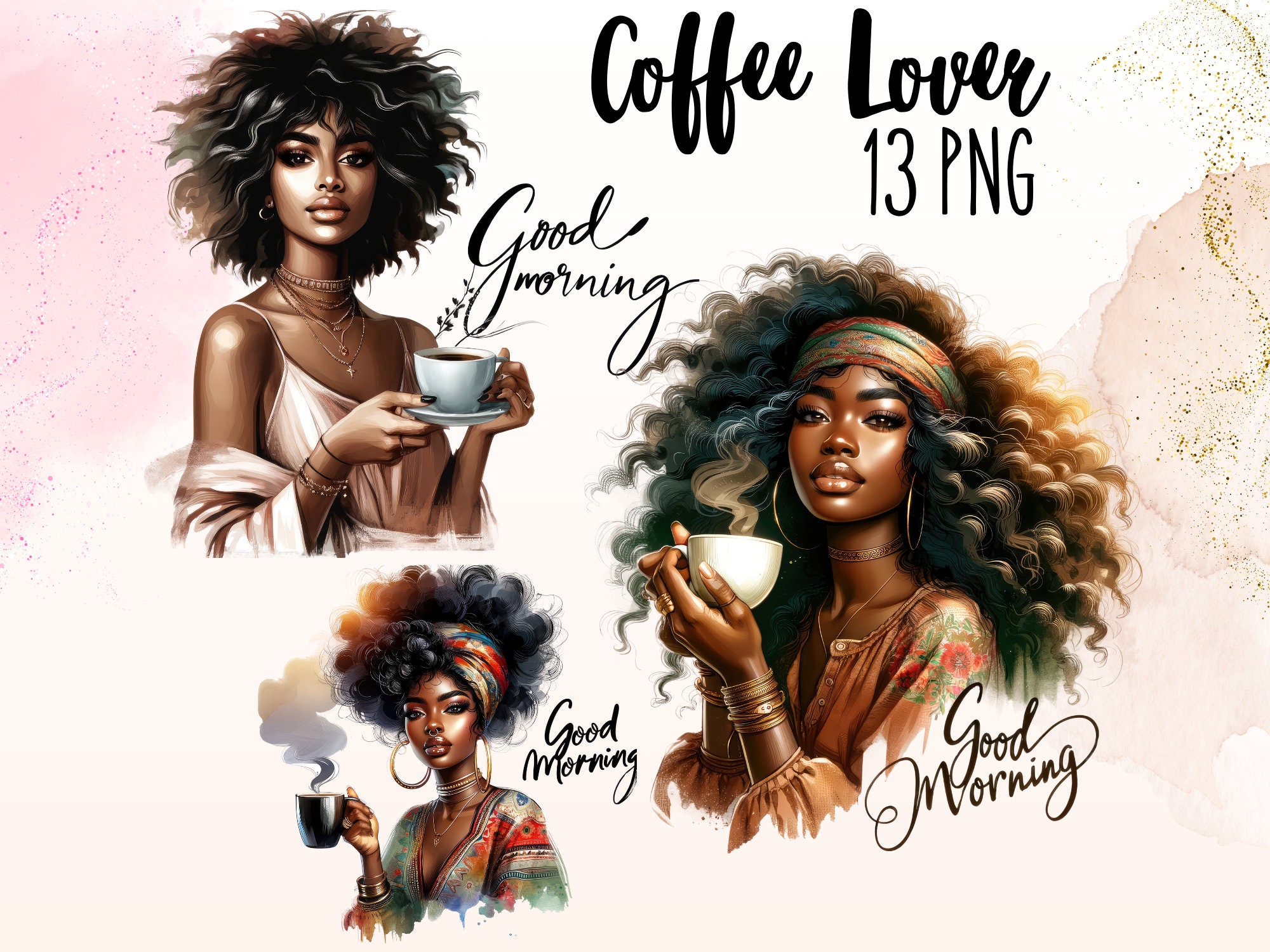 Bundle Boho Black Girl Coffee Lover Clipart Black Woman Magic Coffee