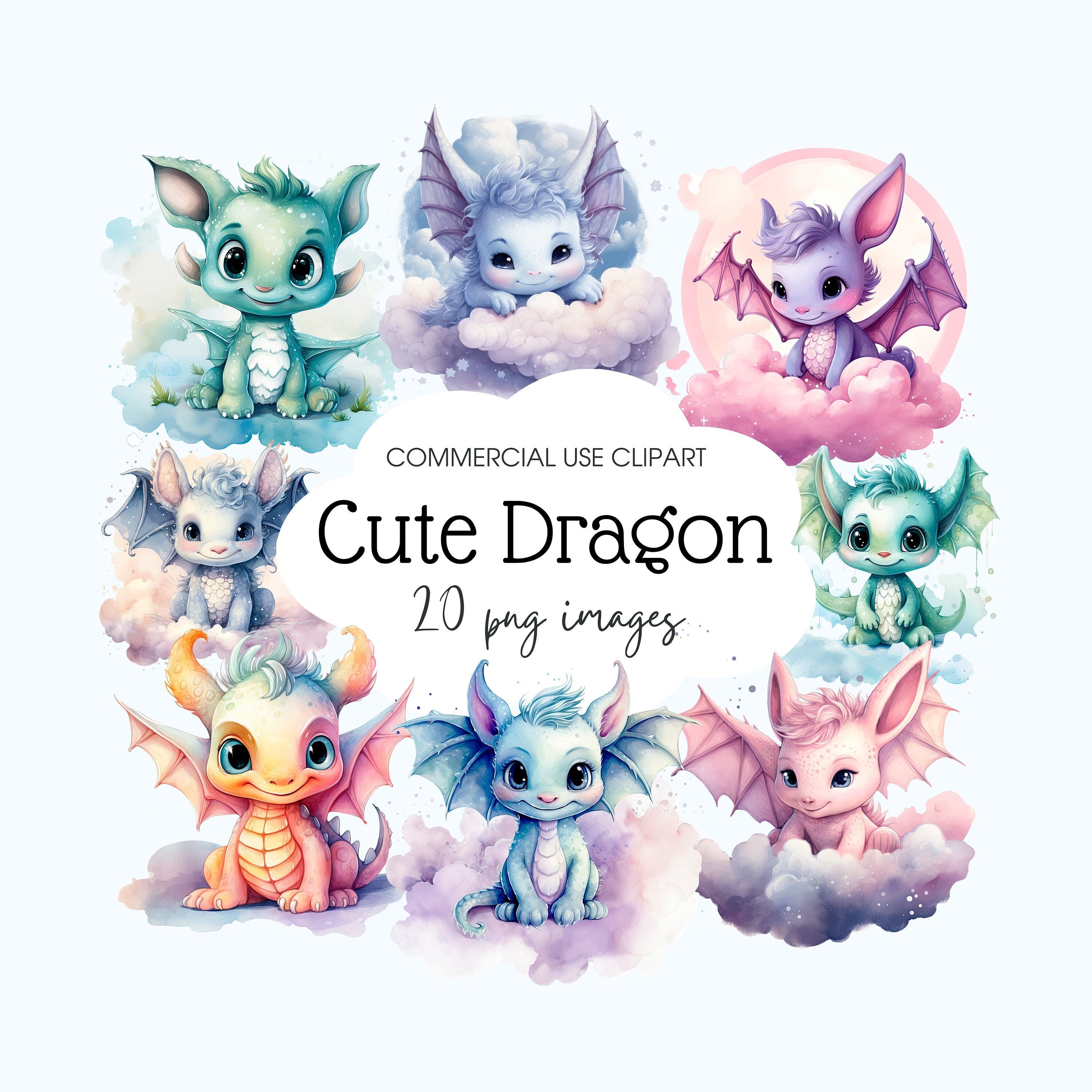 Charming Watercolor Baby Dragon Clipart, Cute Fantasy Dragon Graphics ...