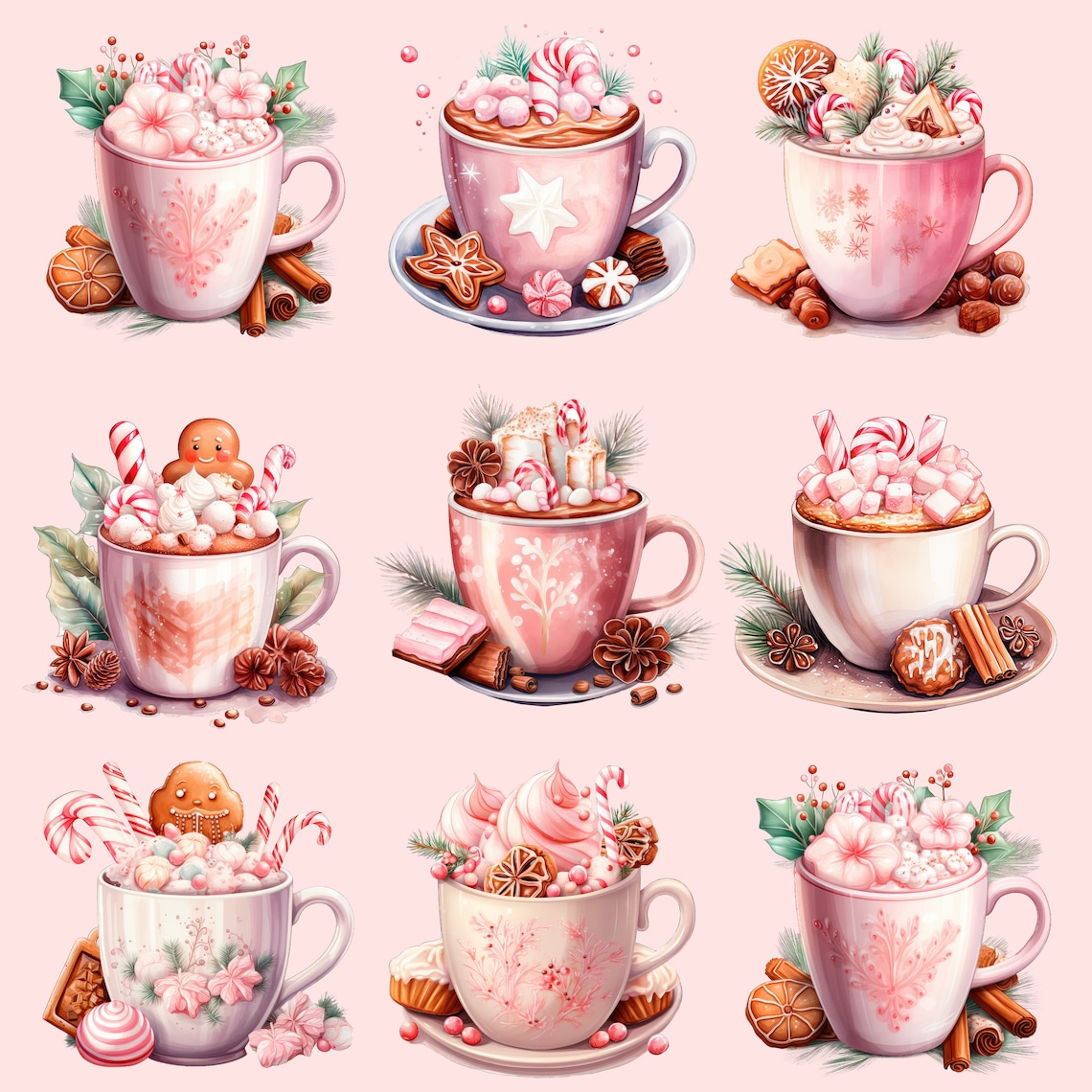 Christmas Coffee Drinks Watercolor Clipart, Pink and Blue Holiday Mugs ...