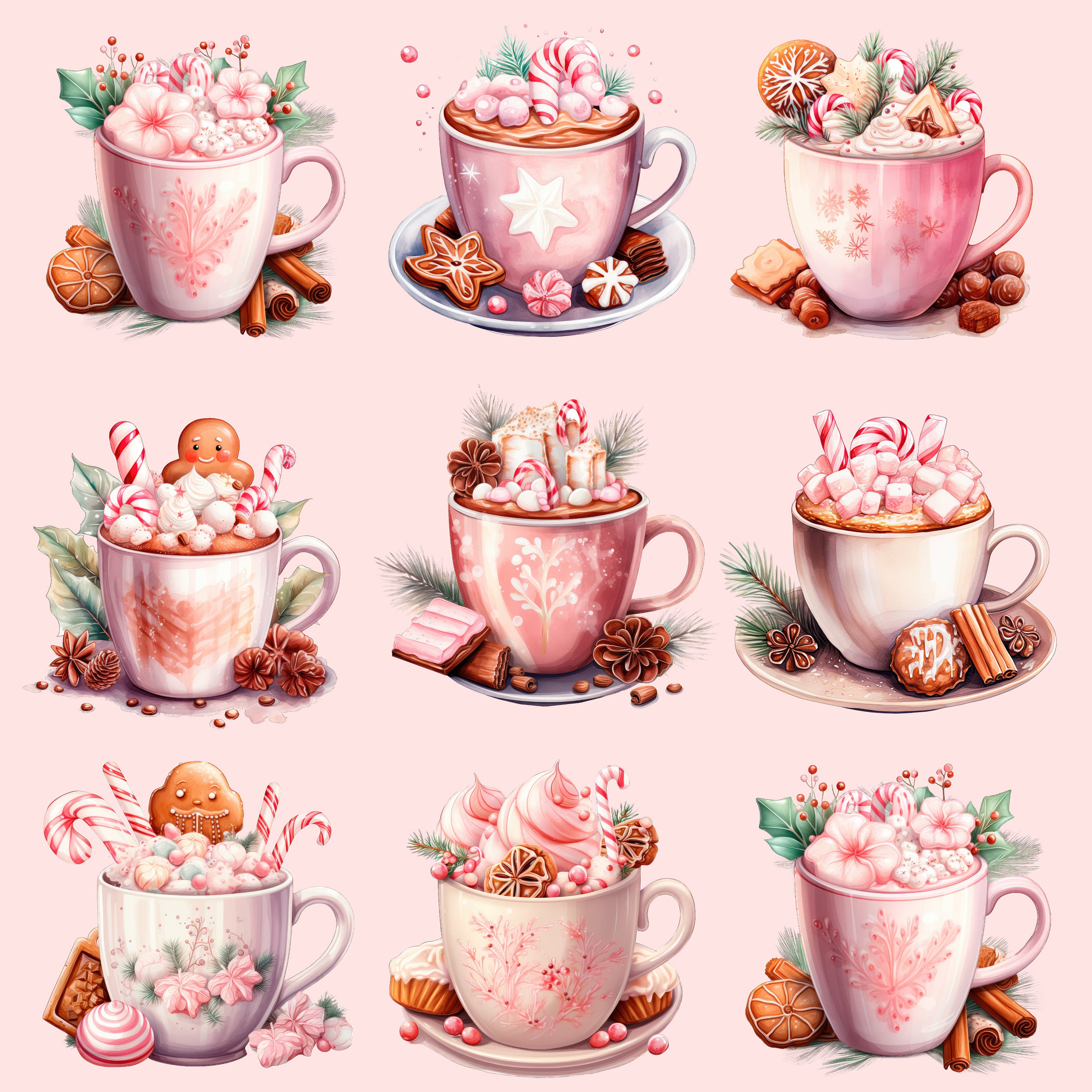 Christmas Coffee Drinks Watercolor Clipart, Pink and Blue Holiday Mugs ...