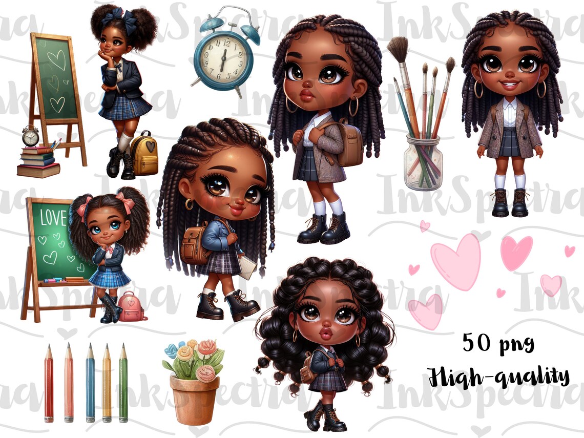 Black Chibi Schoolgirl Clipart Set, Back to School Watercolor PNG ...