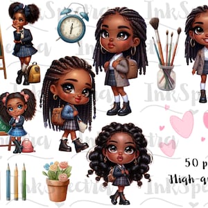 Black Chibi Schoolgirl Clipart Set, Back to School Watercolor PNG ...