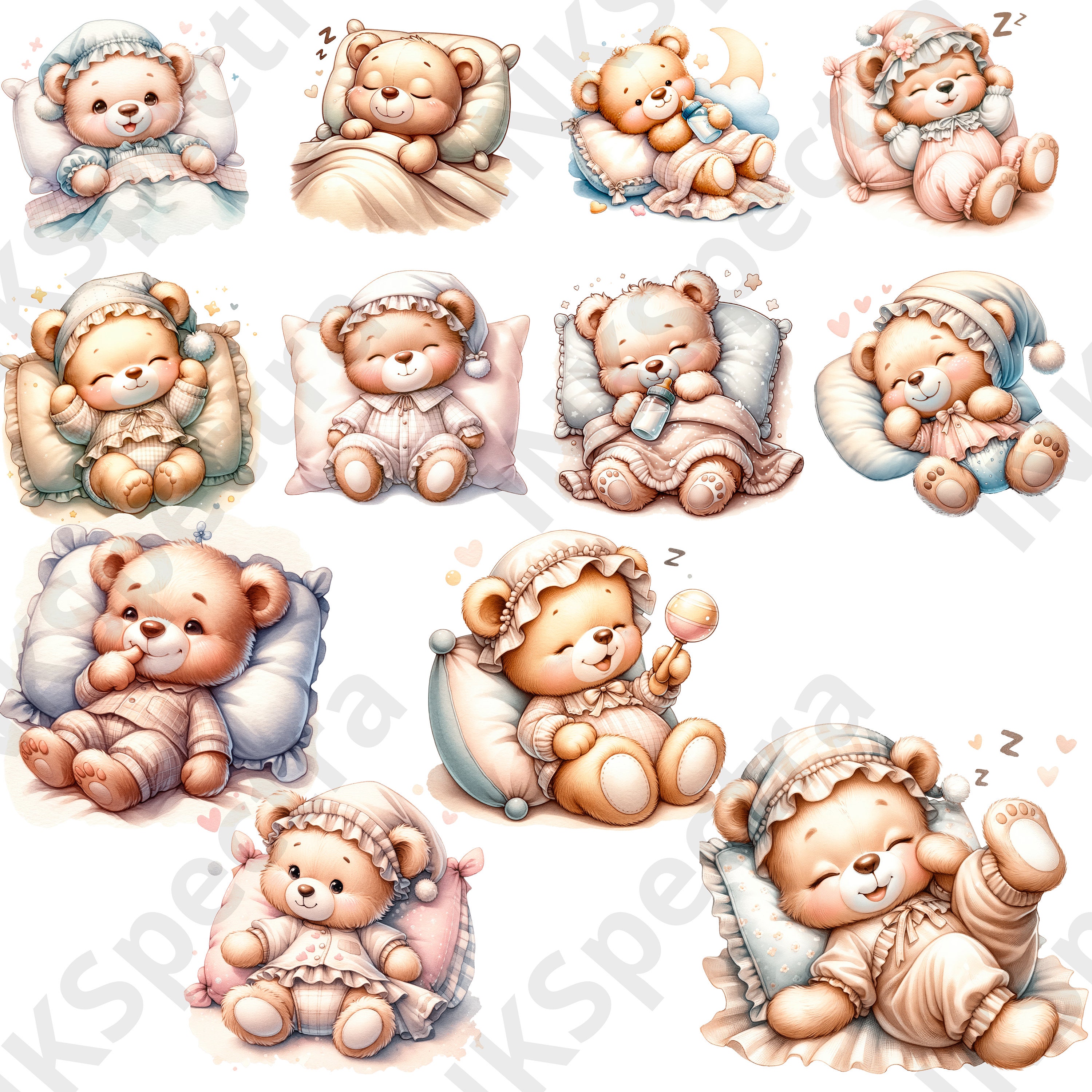 Sleepy Teddy Bears Clipart Bundle PNG, Nursery Decor, Printable Baby ...