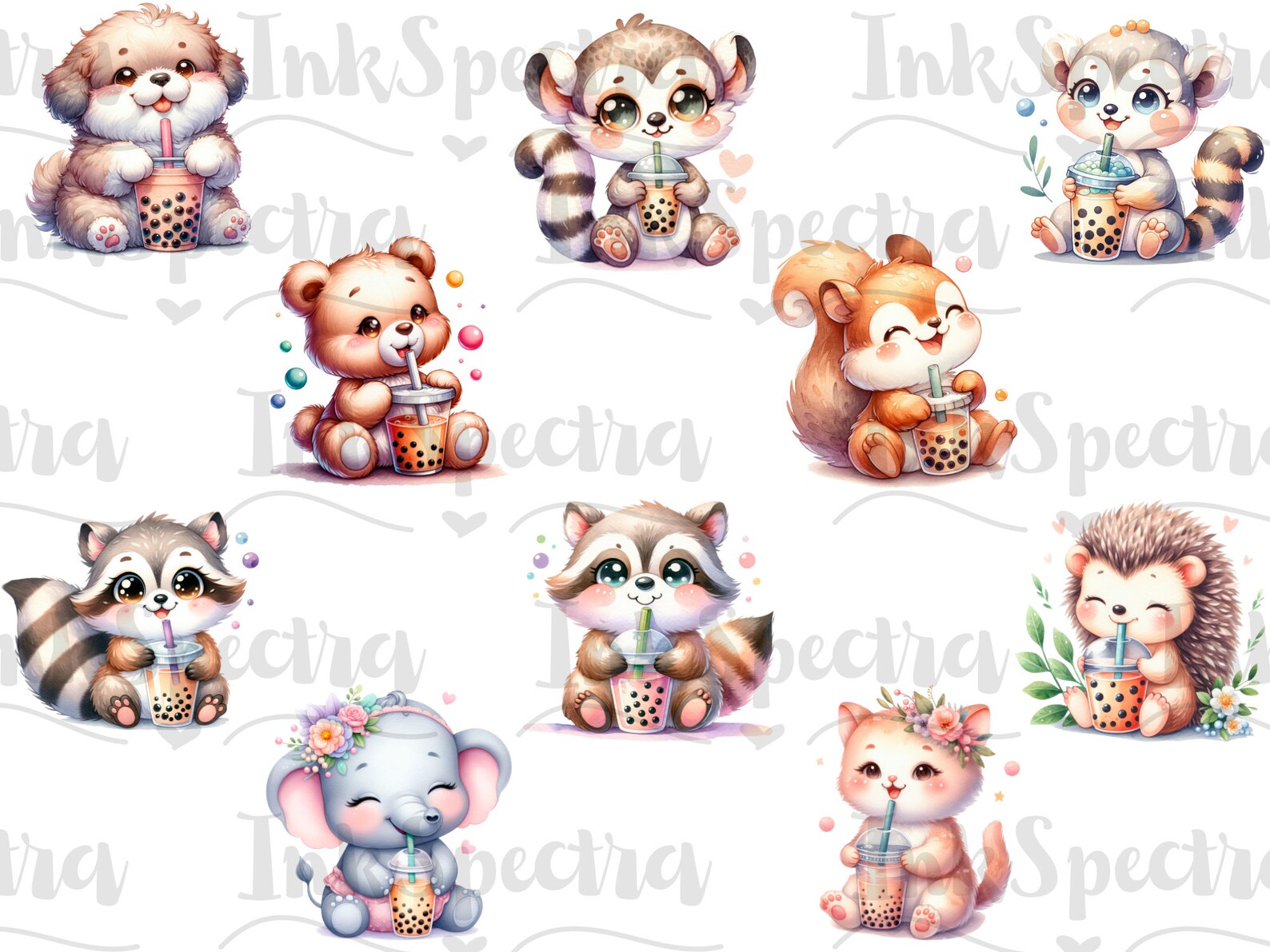 Watercolor Bubble Tea Clipart, Baby Animals Boba Tea Clipart, Bubble ...