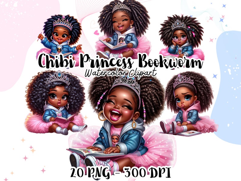 Black Girl Bookworm Clipart, Chibi Princess Reading Art, Watercolor ...
