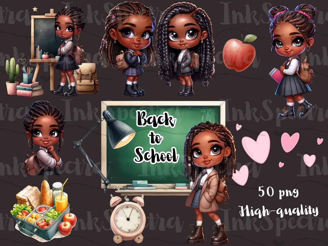 Black Chibi Schoolgirl Clipart Set, Back to School Watercolor PNG ...