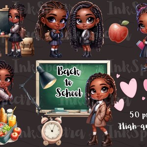 Black Chibi Schoolgirl Clipart Set, Back to School Watercolor PNG ...