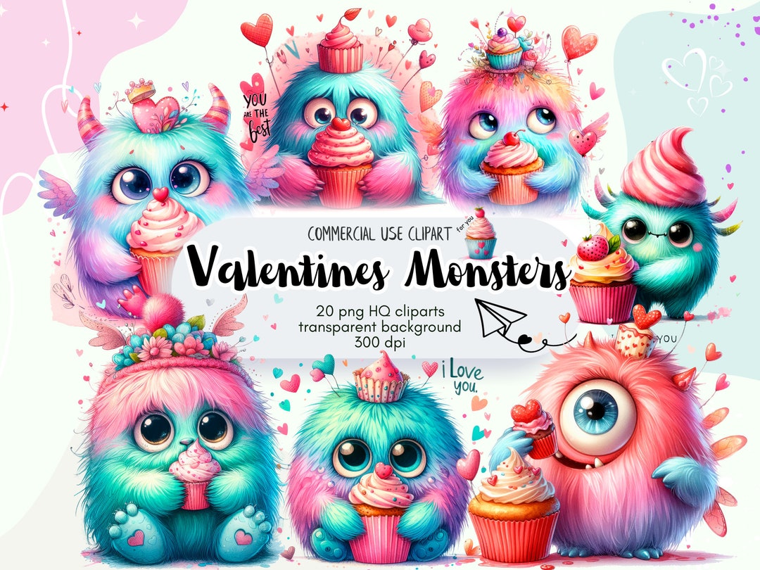 20 Valentine's Day Monster Clipart, Cute Watercolor Love Monsters ...