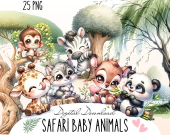 Safari Baby Animal PNG, Cute Jungle Animals Clipart, Watercolor Animal ...