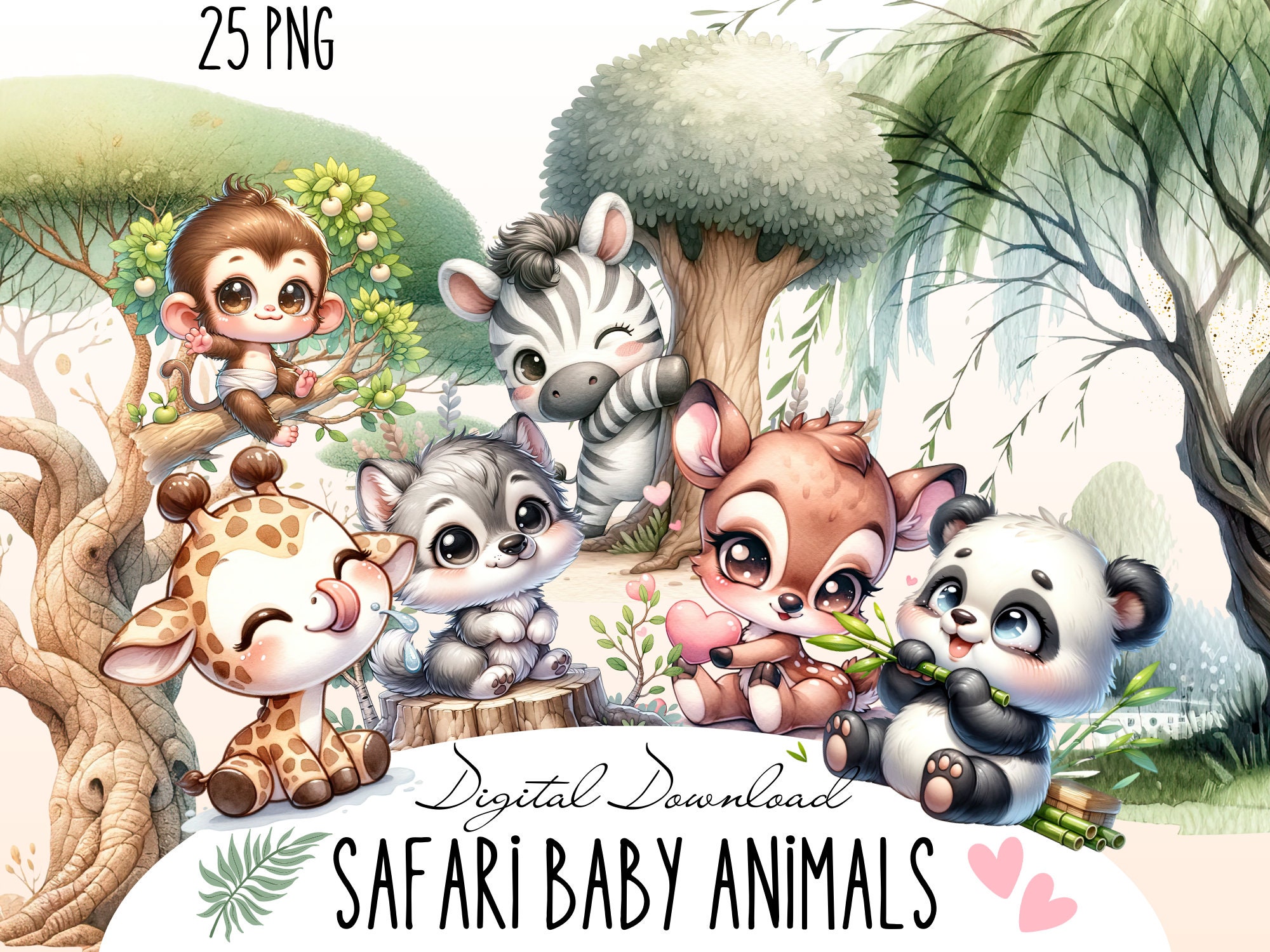 Cute Jungle Animals Clipart, Safari Baby Animal PNG, Watercolor Animal ...