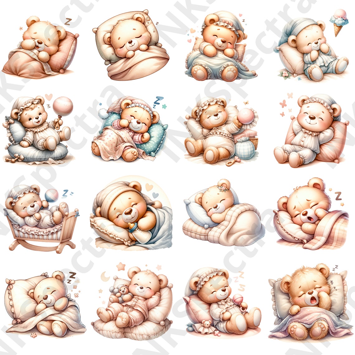 Sleepy Teddy Bears Clipart Bundle PNG, Nursery Decor, Printable Baby ...