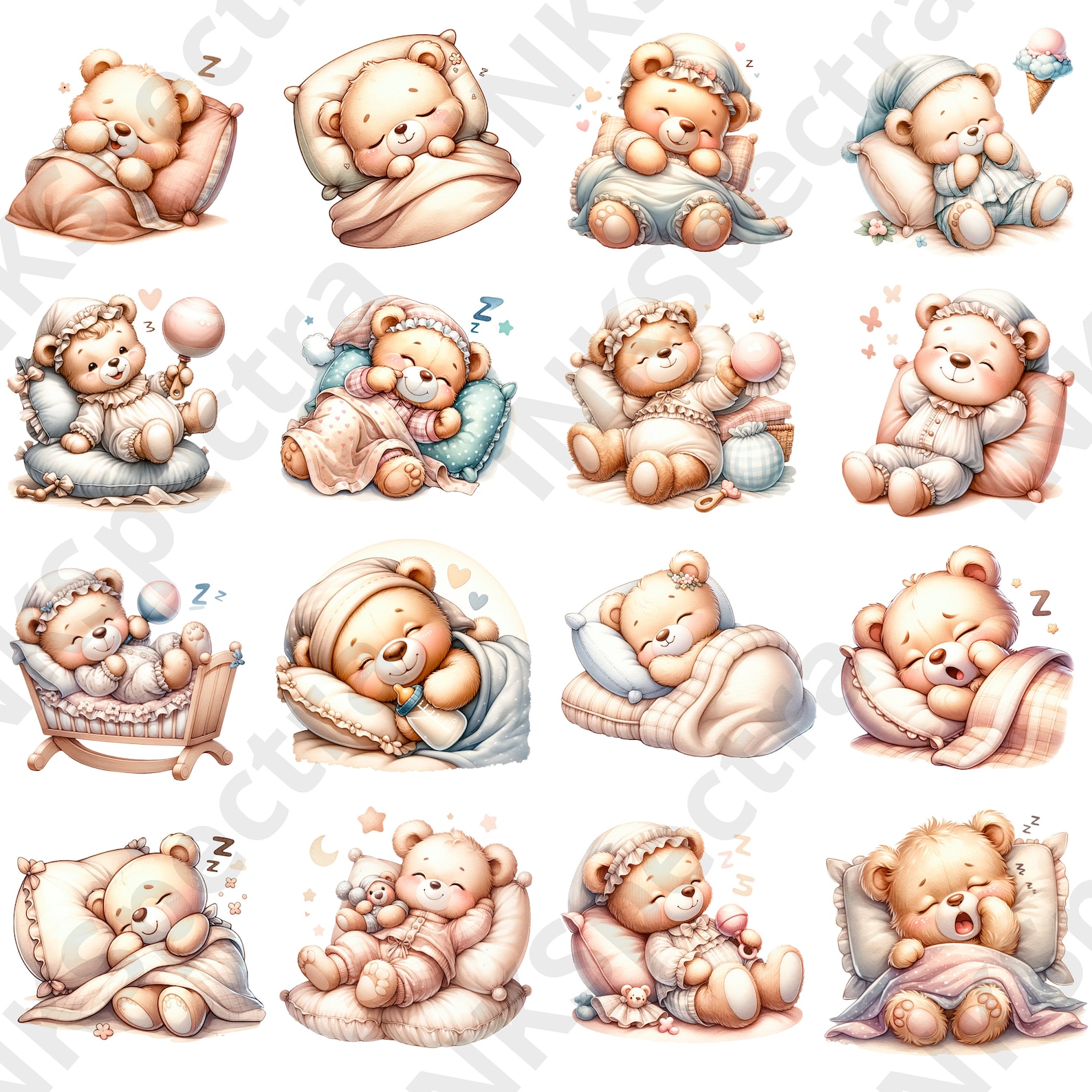 Sleepy Teddy Bears Clipart Bundle PNG, Nursery Decor, Printable Baby ...
