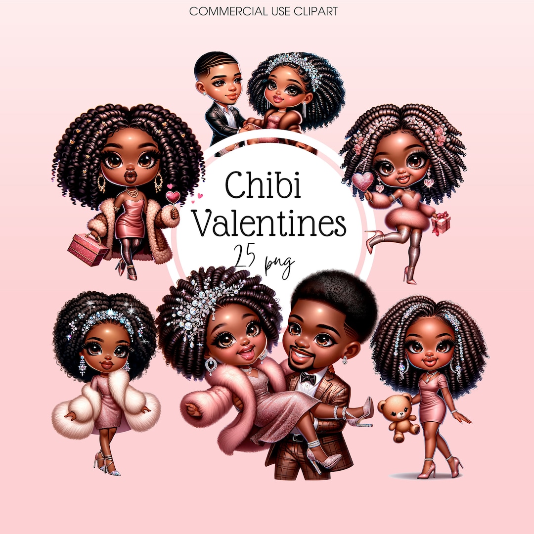 Chibi Valentines Clipart African American Sweet Chibi Girls, Romantic ...