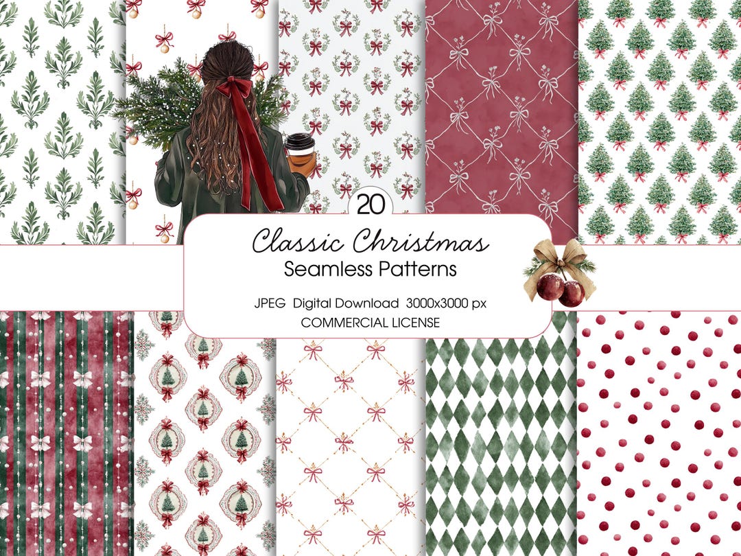 Watercolor Christmas Seamless Patterns, Cottagecore Holiday Papers ...
