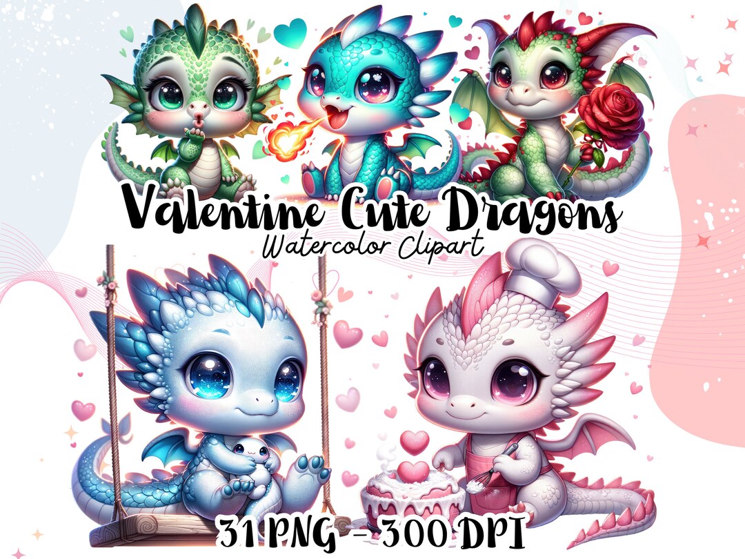 Cute Valentine Dragon Clipart, Valentine's Day Dragon PNG, Printable ...