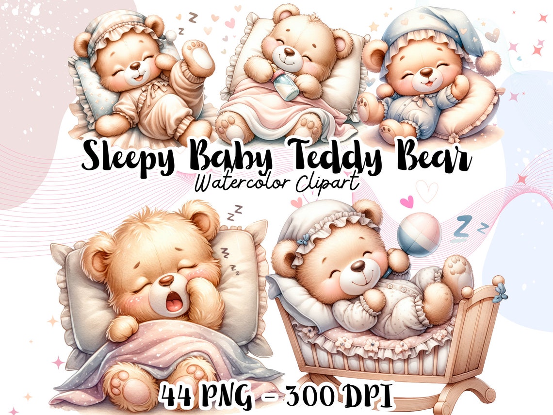 Sleepy Teddy Bears Clipart Bundle PNG, Nursery Decor, Printable Baby ...