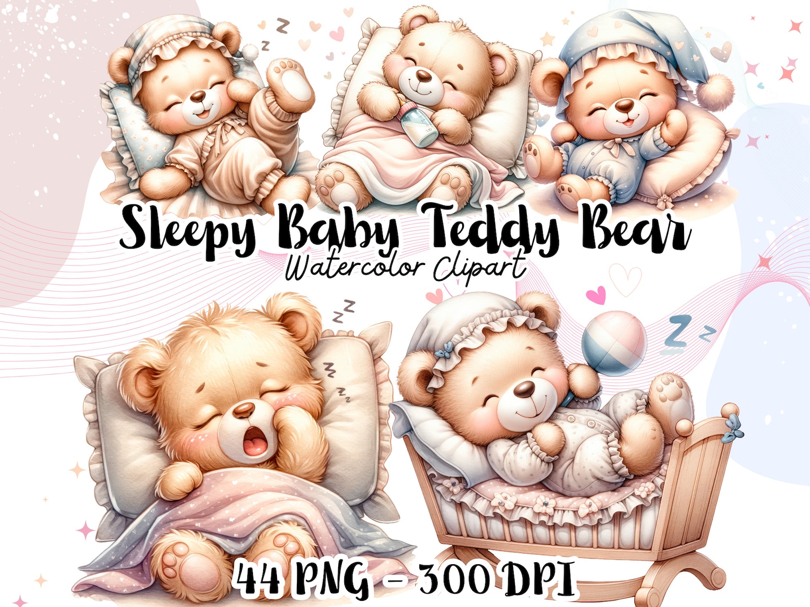 Sleepy Teddy Bears Clipart Bundle PNG, Nursery Decor, Printable Baby ...