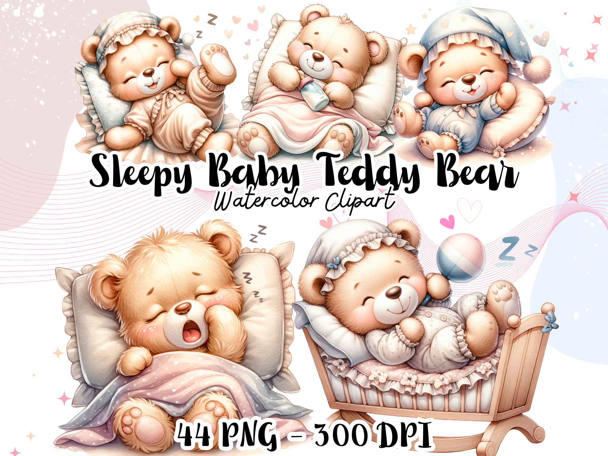 Sleepy Teddy Bears Clipart Bundle PNG, Nursery Decor, Printable Baby ...