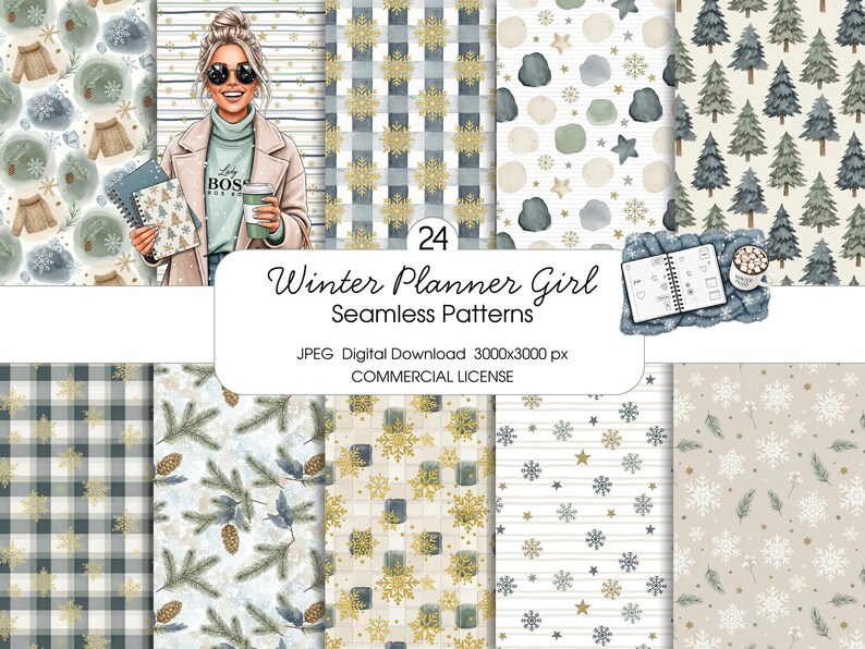 Watercolor Winter Planner Girl Clipart Bundle, Snowflakes, Pine ...