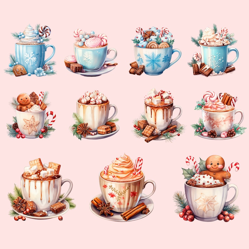 Christmas Coffee Drinks Watercolor Clipart, Pink and Blue Holiday Mugs ...