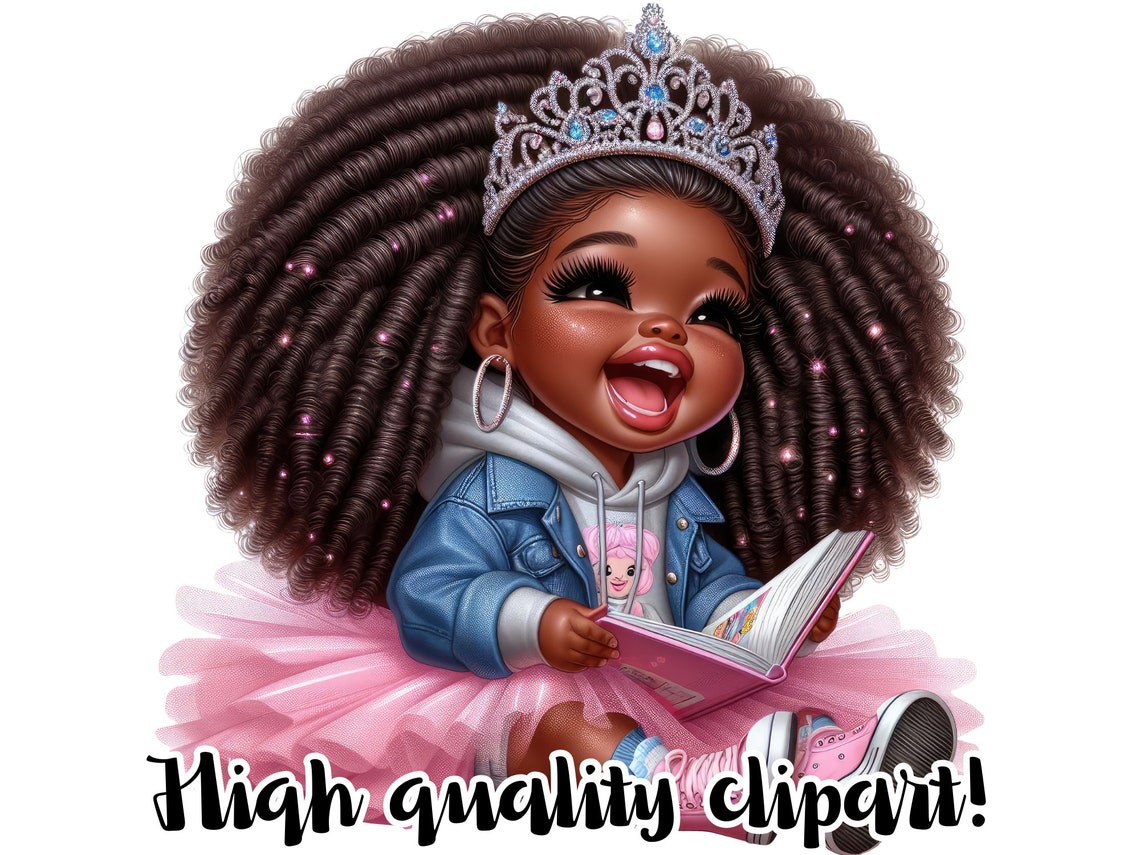 Black Girl Bookworm Clipart, Chibi Princess Reading Art, Watercolor ...