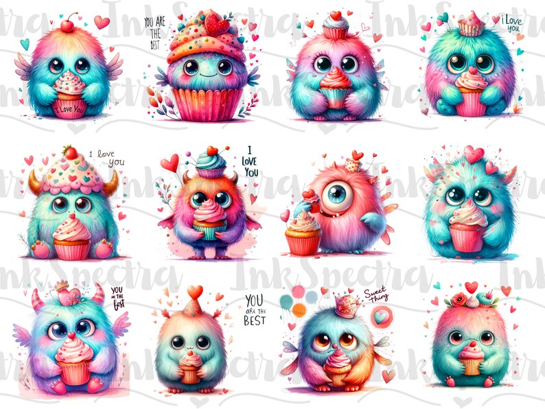 20 Valentines Day Monster Clipart, Cute Watercolor Love Monsters ...