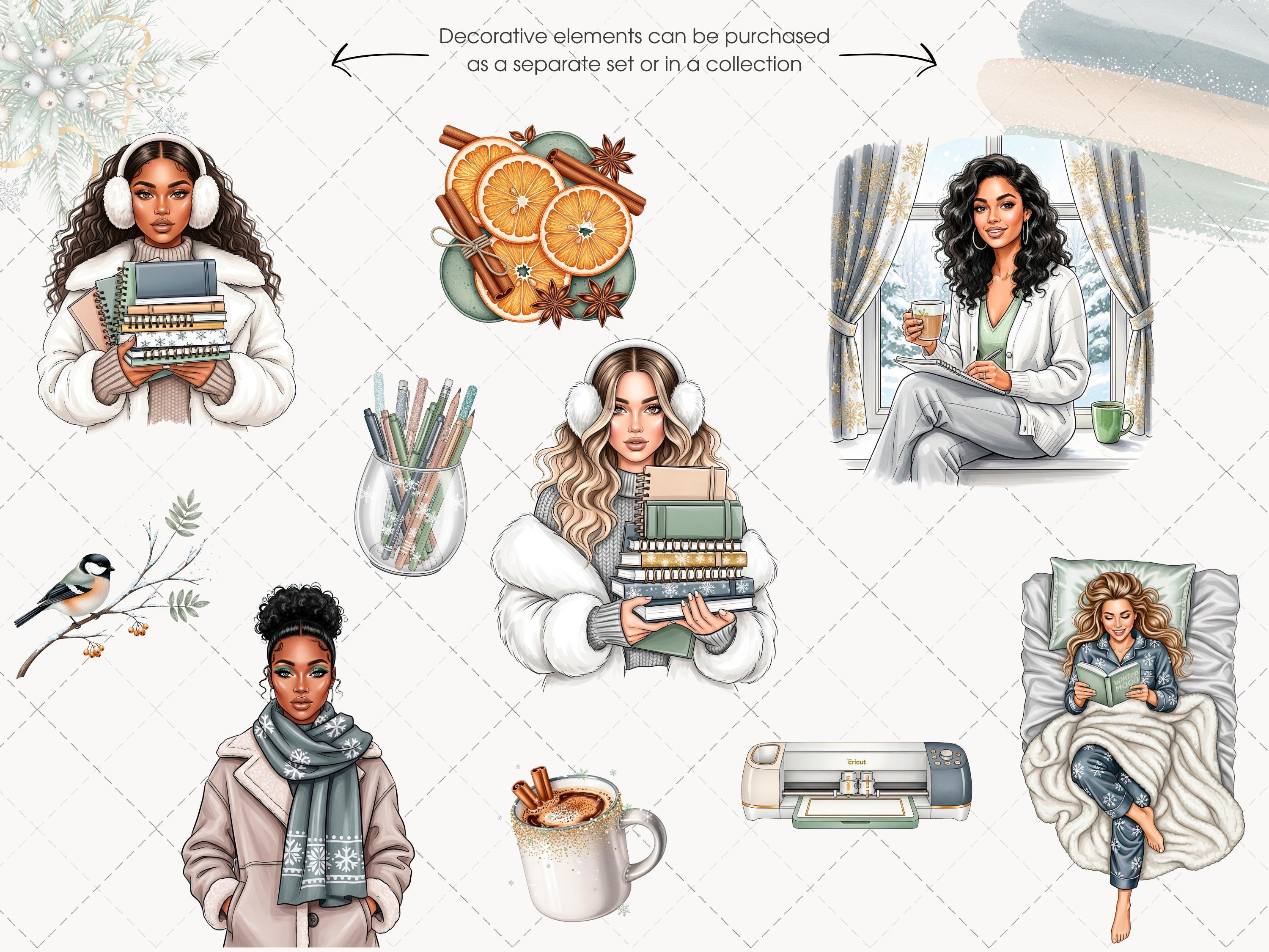 Watercolor Winter Planner Girl Clipart PNG, Black Women Boss Lady, 300 ...