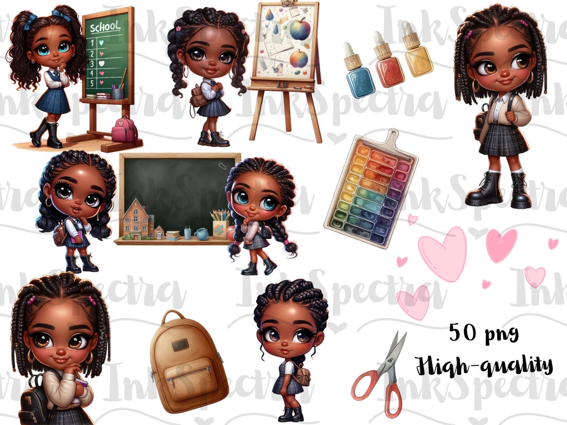 Black Chibi Schoolgirl Clipart Set, Back to School Watercolor PNG ...