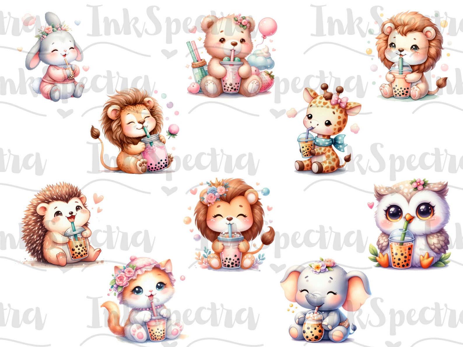 Watercolor Bubble Tea Clipart, Baby Animals Boba Tea Clipart, Bubble ...