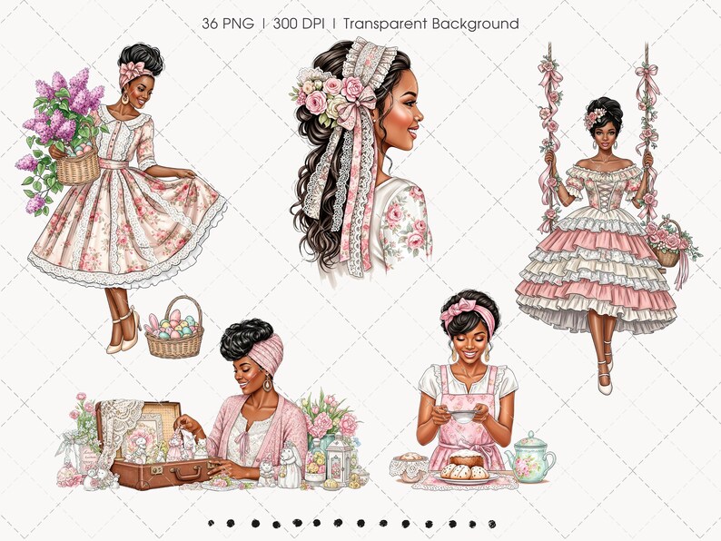 Vintage Grandmillennial Easter Clipart, Black Women, Easter Bunny PNG ...