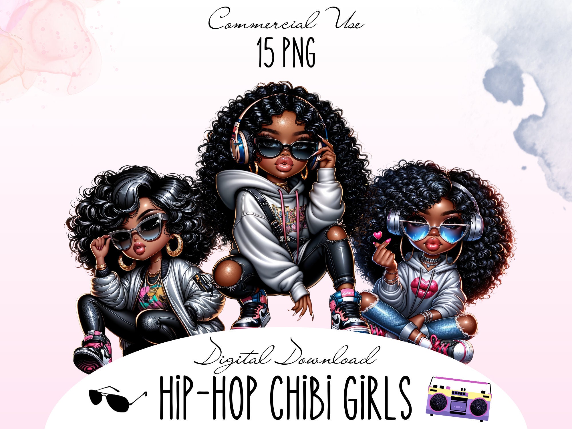 Black Hip Hop Chibi Girls, Hip Hop Girls Clipart, Urban Chibi Art for ...