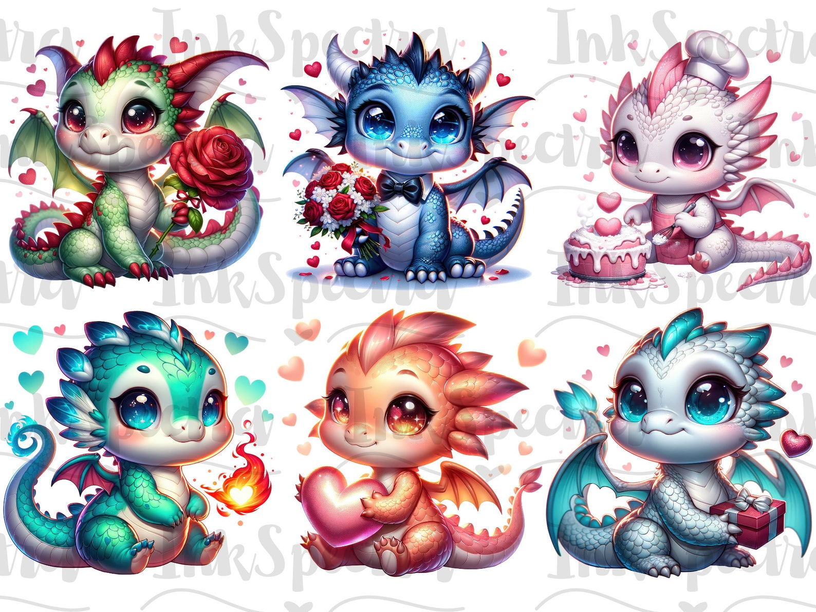 Valentine Dragon Clipart, Cute Watercolor PNG Illustrations (digital ...