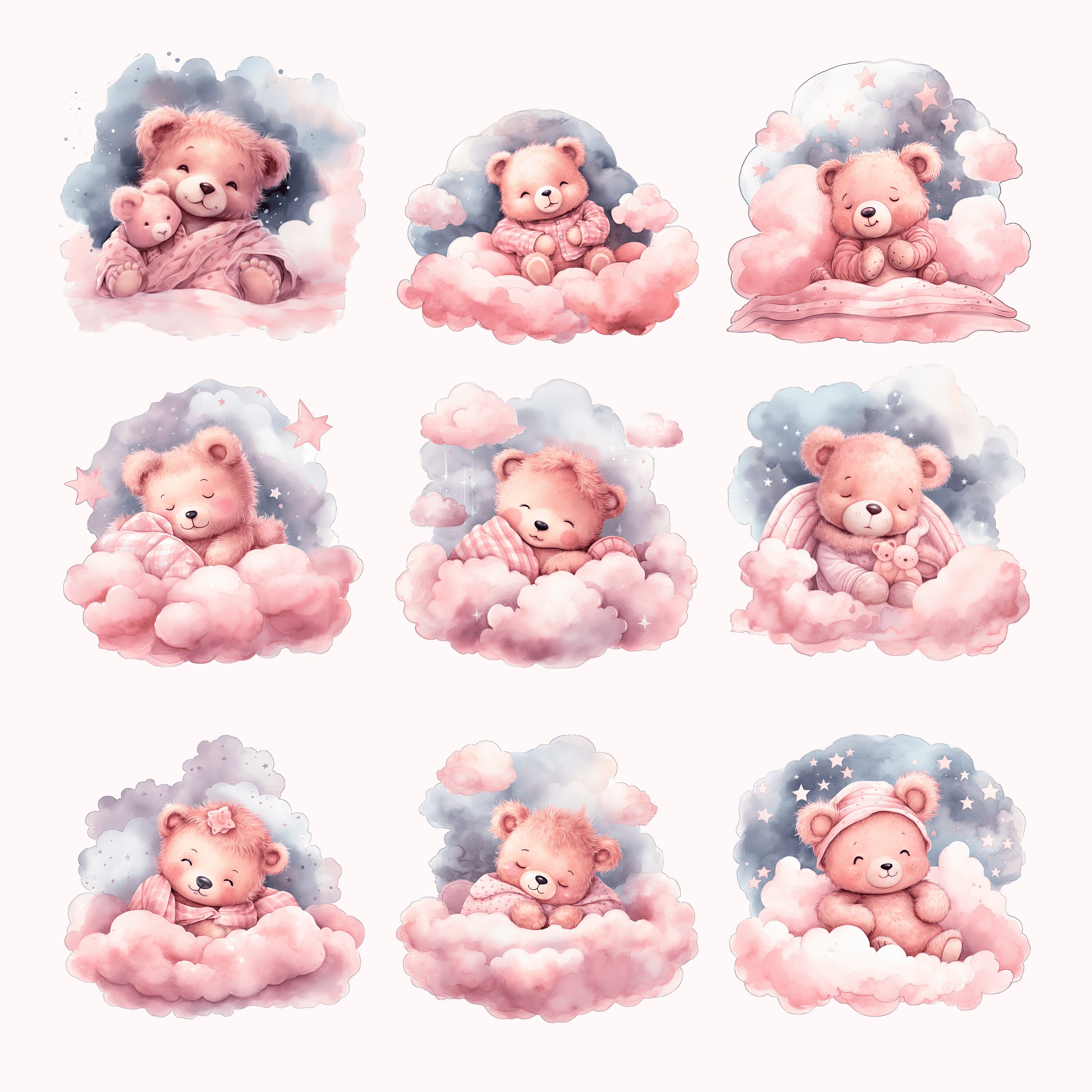 Watercolor Teddy Bear Bundle, Pink Teddy Bear Clipart, Sleepy Teddy ...