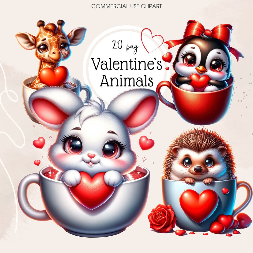 Valentines Animals in a Cup Collection Clipart, 20 PNG Valentines Day ...