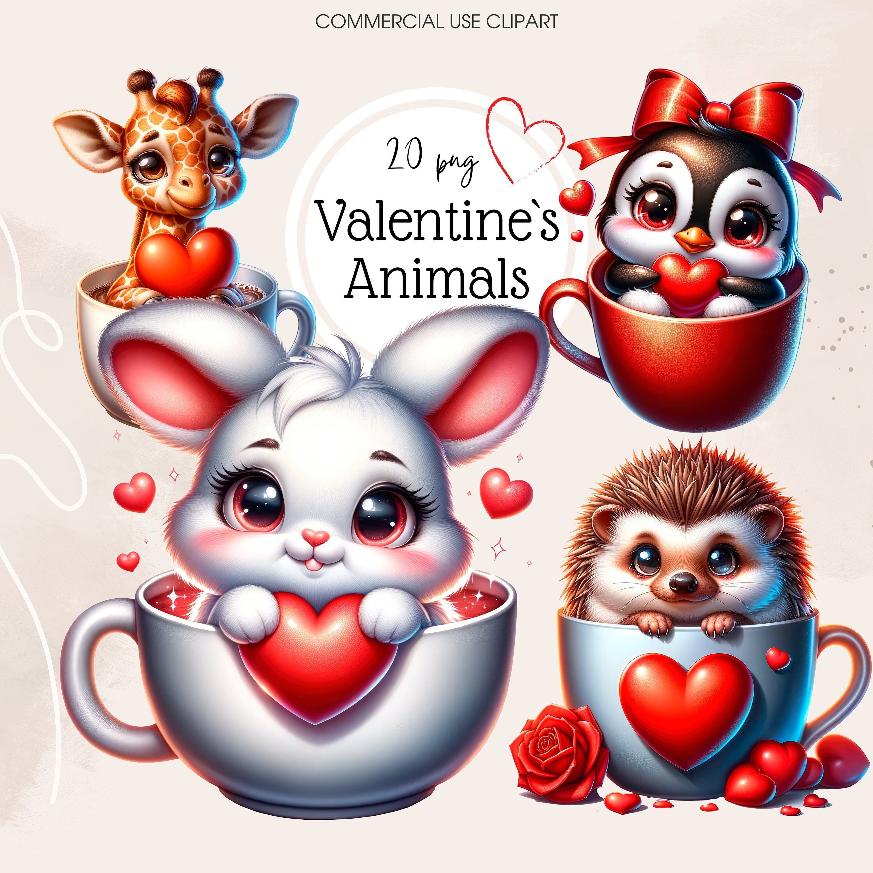 Valentines Animals in a Cup Collection Clipart, 20 PNG Valentines Day ...