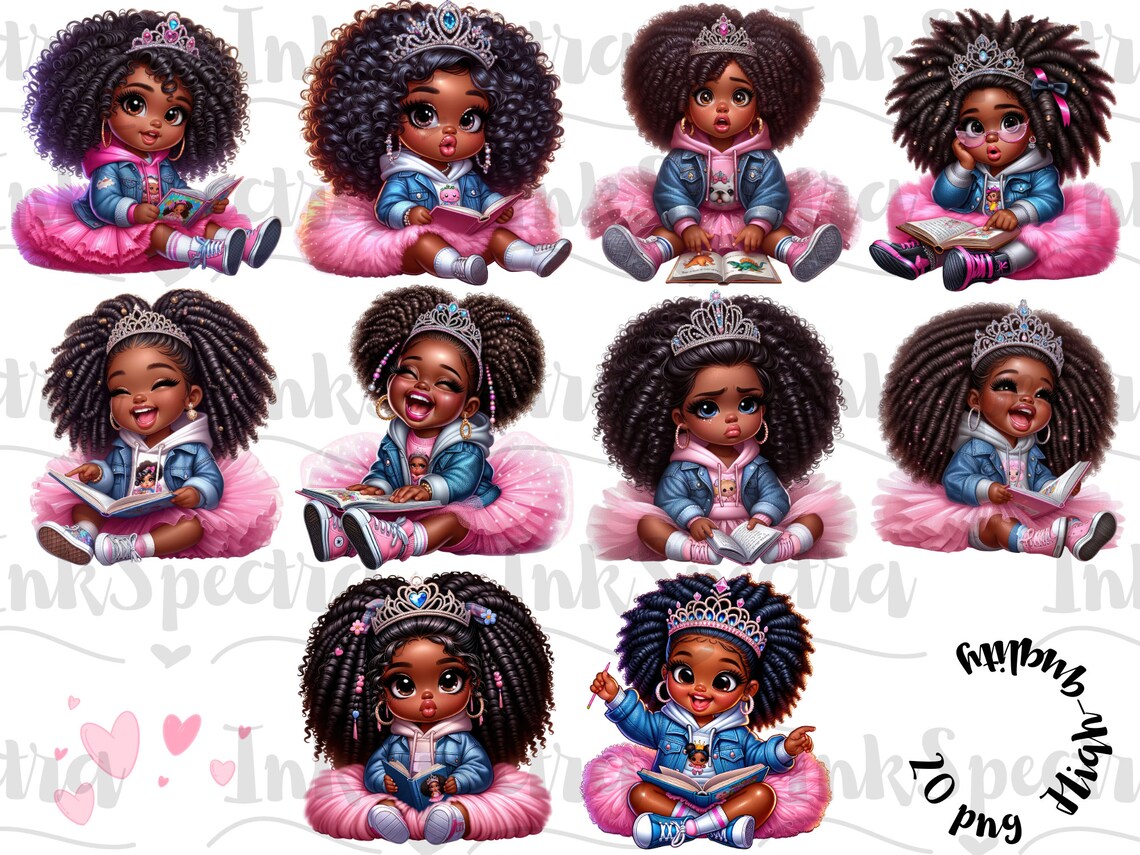 Black Girl Bookworm Clipart, Chibi Princess Reading Art, Watercolor ...