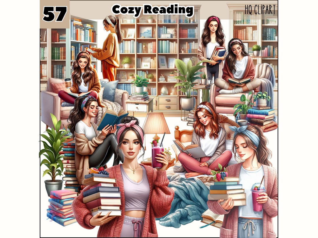 Watercolor Cozy Reading Clipart, Bookworm Life Clipart, Home Library ...