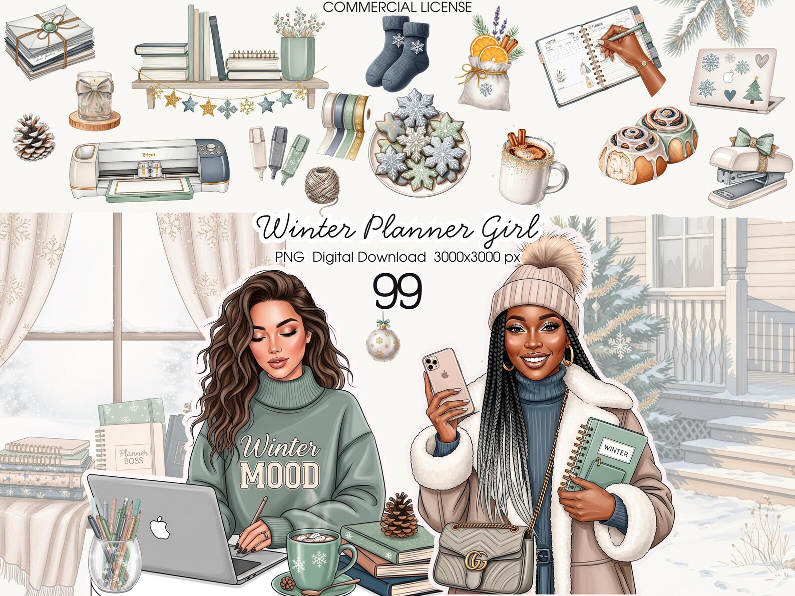 Watercolor Winter Planner Girl Clipart Bundle, Snowflakes, Pine ...