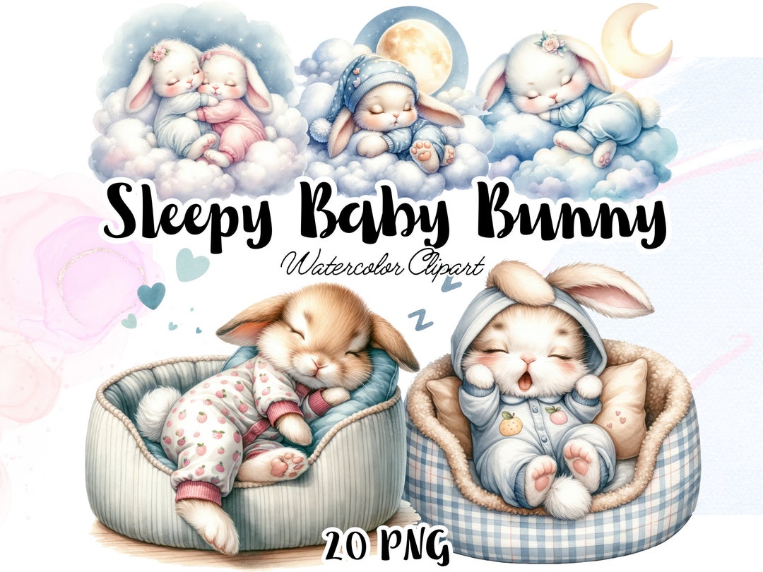 Watercolor Sleepy Baby Bunny Clipart, Baby Shower Bunny Clipart Wall ...