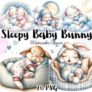 Watercolor Sleepy Baby Bunny Clipart, Baby Shower Bunny Clipart Wall ...