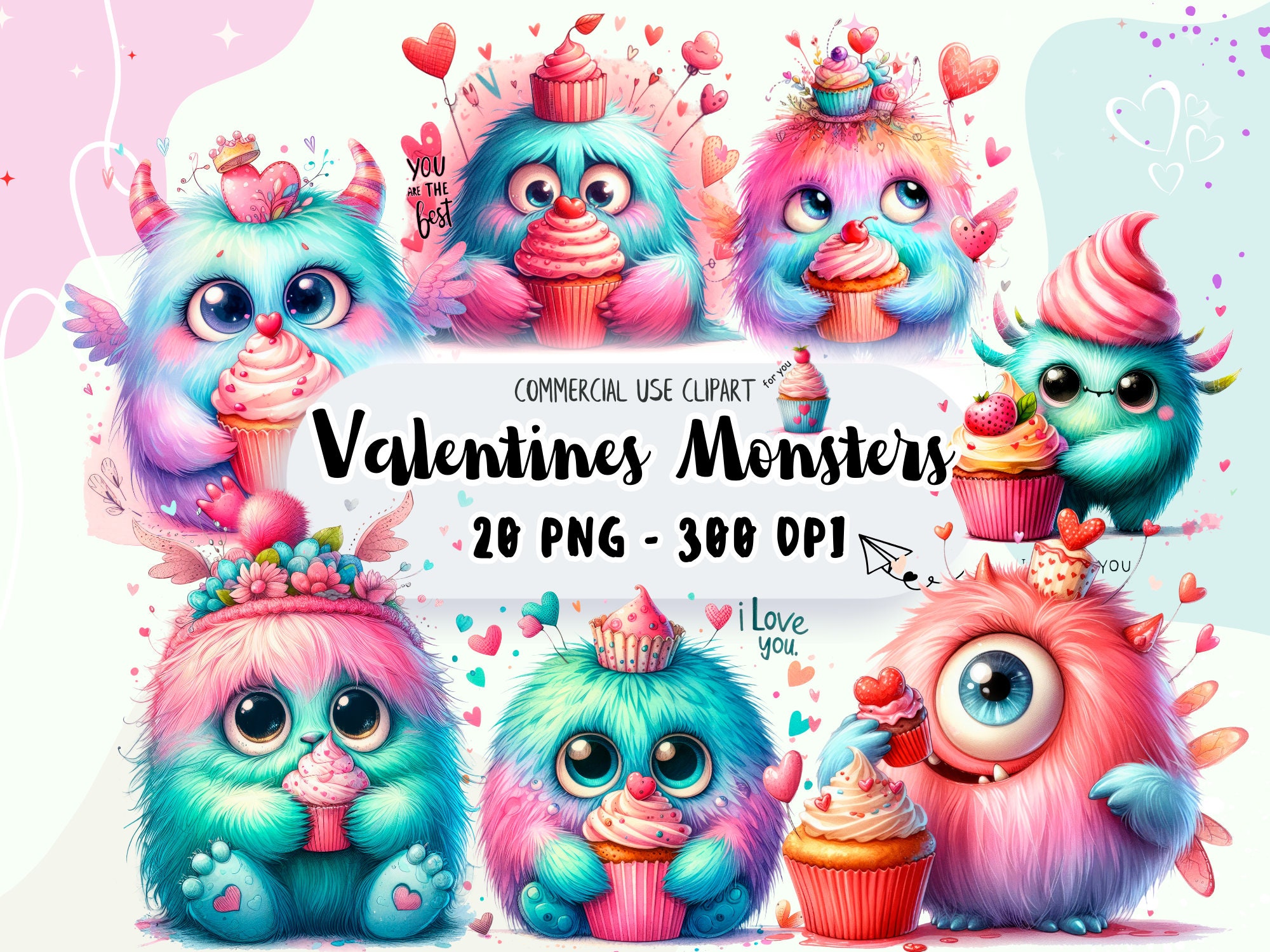 20 Valentines Day Monster Clipart, Cute Watercolor Love Monsters ...